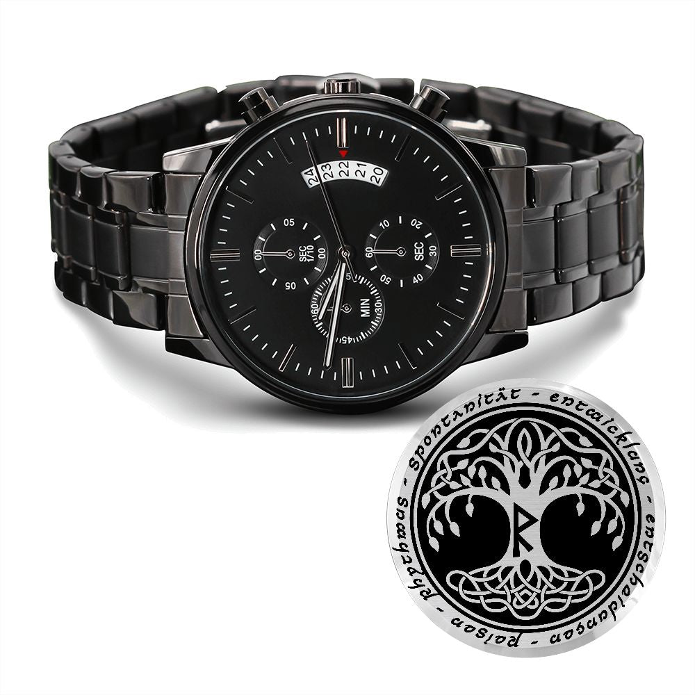 Wikinger Uhr Schwarz Yggdrasil mit Rune Raidho Chronograph Herrenuhr m ...